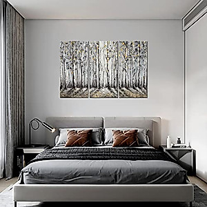 YAYNICE Birch Tree Wall Art 3 Piece Black and White Forest Picture with Gold Foil Canvas Print Modern Abstract Wall Painting Artwork Wall Décor for Bedroom Living Room Bathroom Office