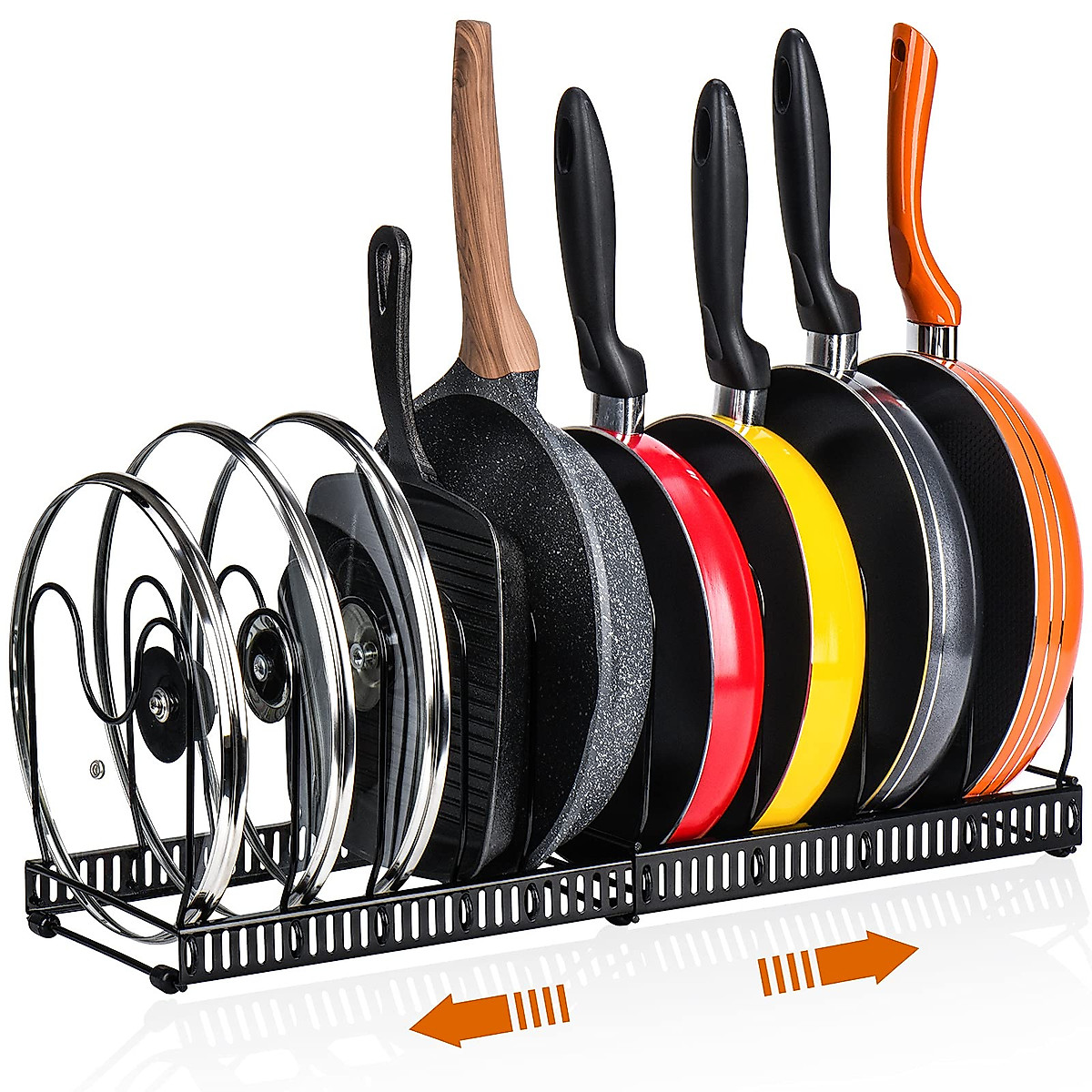 Toplife Pots and Pans Organizer Rack for Cabinet and Countertop, 10+ Pot Lids, Bakeware and Cookware Holder with 10 Adjustable Compartments - Black