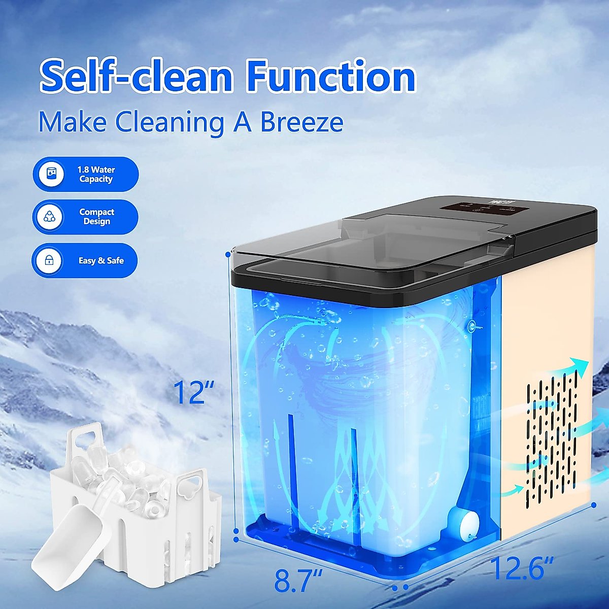VECYS Upgraded Ice Maker, Premium Countertop Ice Machine 26LBS Daily Ice Making Capacity and Self-Clean Function with Ice Scoop and Basket, Champagne