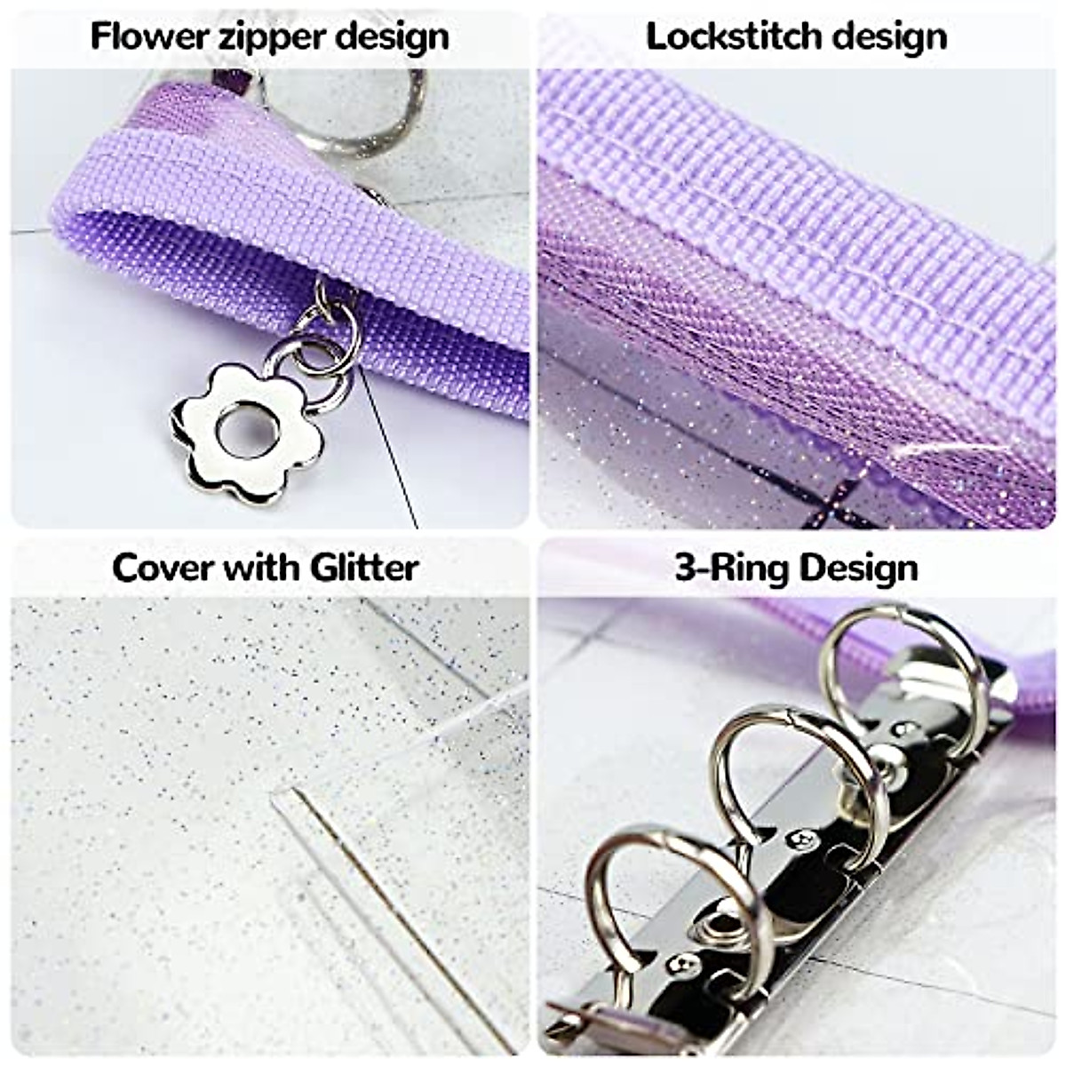 MultiBey Transparent Mini Binder 3 Ring, Glitter PVC Zipper Binder 3.7'' x 5.2'' for Cards Photos with 20 Card Slots (Purple)