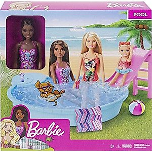 Barbie Doll and Pool Playset with Pink Slide, Beverage Accessories and Towel, Brunette Doll in Floral Swimsuit