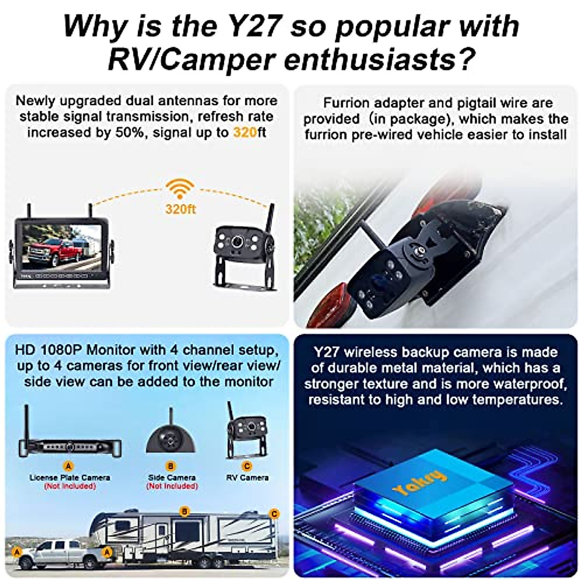 Yakry RV Backup Camera Wireless HD 1080P with 7 Inch Touch Key DVR Monitor for RVs,Campers,Trailers,Trucks Adapter For Furrion-Pre-wired RVs High-Speed Rear View Observation IR Night Vision Y27