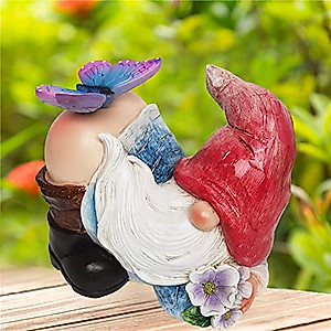 TSTGEE Garden Gnome Statues - Funny Outdoor Gnome Figurine with Butterfly Solar Garden Lights Outdoor Led Gnome Decor Waterproof for Outside,Yard Art,Garden Gift