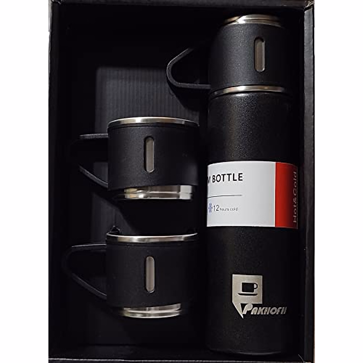 Pakhofh 500Ml (16.9) 304 Stainless Steel Thermos Vacuum Flask with 2 Thermos Cup (Set) (Black)