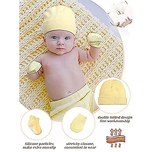 Baby Hats Mittens and Socks Set Unisex Cotton Beanie Cap and Scratch Mitten Non-Slip Baby Ankle Socks for Boys and Girls (White, Black, Grey, Light Blue, Navy Blue, Beige,6 Sets)