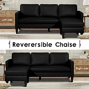 MAGIC UNION PU Leather Convertible Sectional Couch Sofa, Grey L-Shape Sectional Sofa with Chaise Reversible, 3-Seat Modern Linen Fabric Small Couches for Living Room (Black)