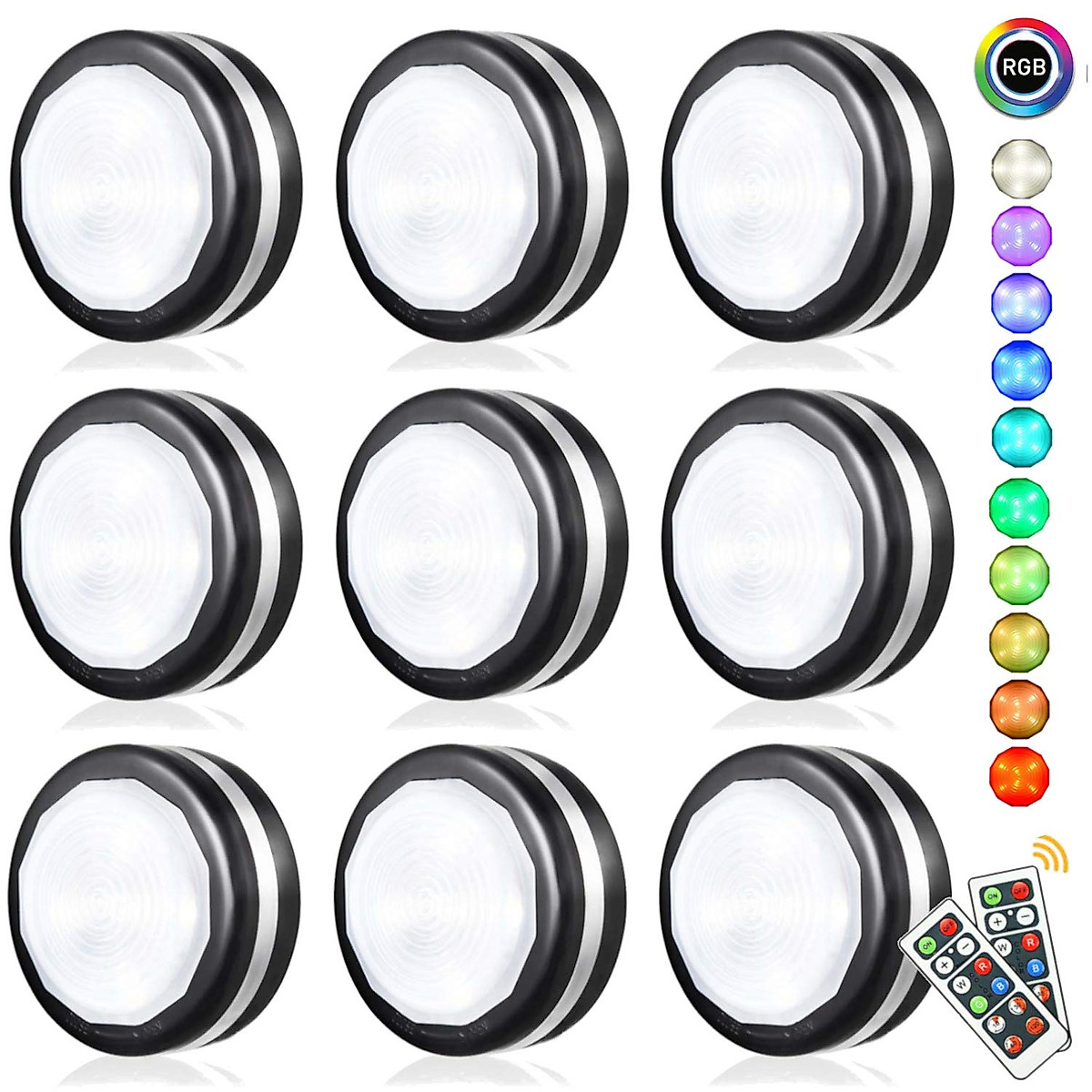 Bjour LED Puck Lights Color Changing Under Counter Lighting Battery Powered Stick On Lights Kitchen Cabinet Lights with Remote Control Black Under Cabinet Light RGB Closets Lights, 9 Pack