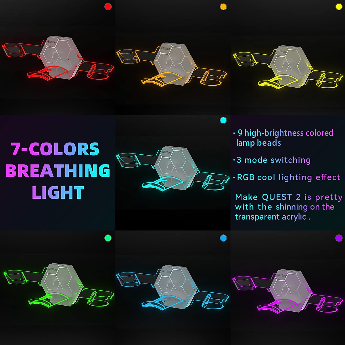 RCstyle Hibloks VR Wall Mount Charging Dock for Meta/Oculus Quest 2, RGB LED VR Stand for Meta/Oculus Quest 2 Accessories,Magnetic Charging Station for Quest 2 Headset and Controller