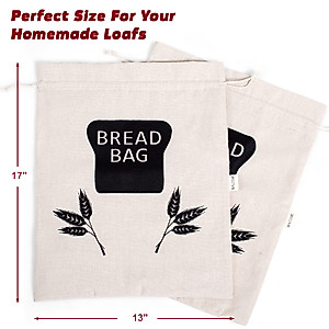 2 X Bread Bags for Homemade Bread - Plastic Lined, Reusable Linen Cloth Saver Bag For Sourdough & Homemade Bread Storage - 17" x 13" XL