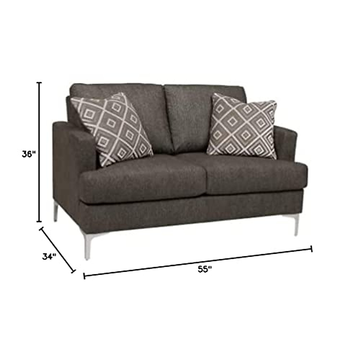 Signature Design by Ashley Arcola Modern Loveseat with Chrome Legs & Accent Pillows, Dark Gray