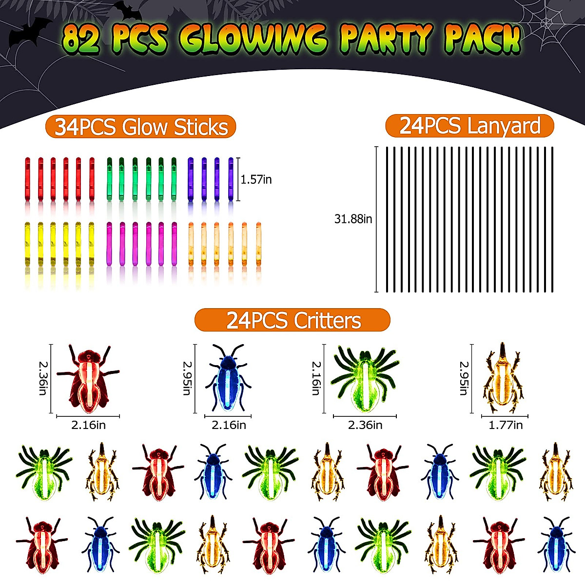 82 Pcs Glow Critters For Halloween Party Favor, Include Glow Bugs and Mini Glow Sticks, Glow in the Dark Party Toys Set for Kids, Trick or Treating Goodie Supplies, School Classroom Game Prizes