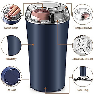 Finphoon Coffee Grinder Electric, Spice Grinder, Coffee Bean Herb Grinder with Integrated Brush Spoon, One-touch Push-Button Stainless Steel Grinding for Herb Peanut Grains Beans(Blue)