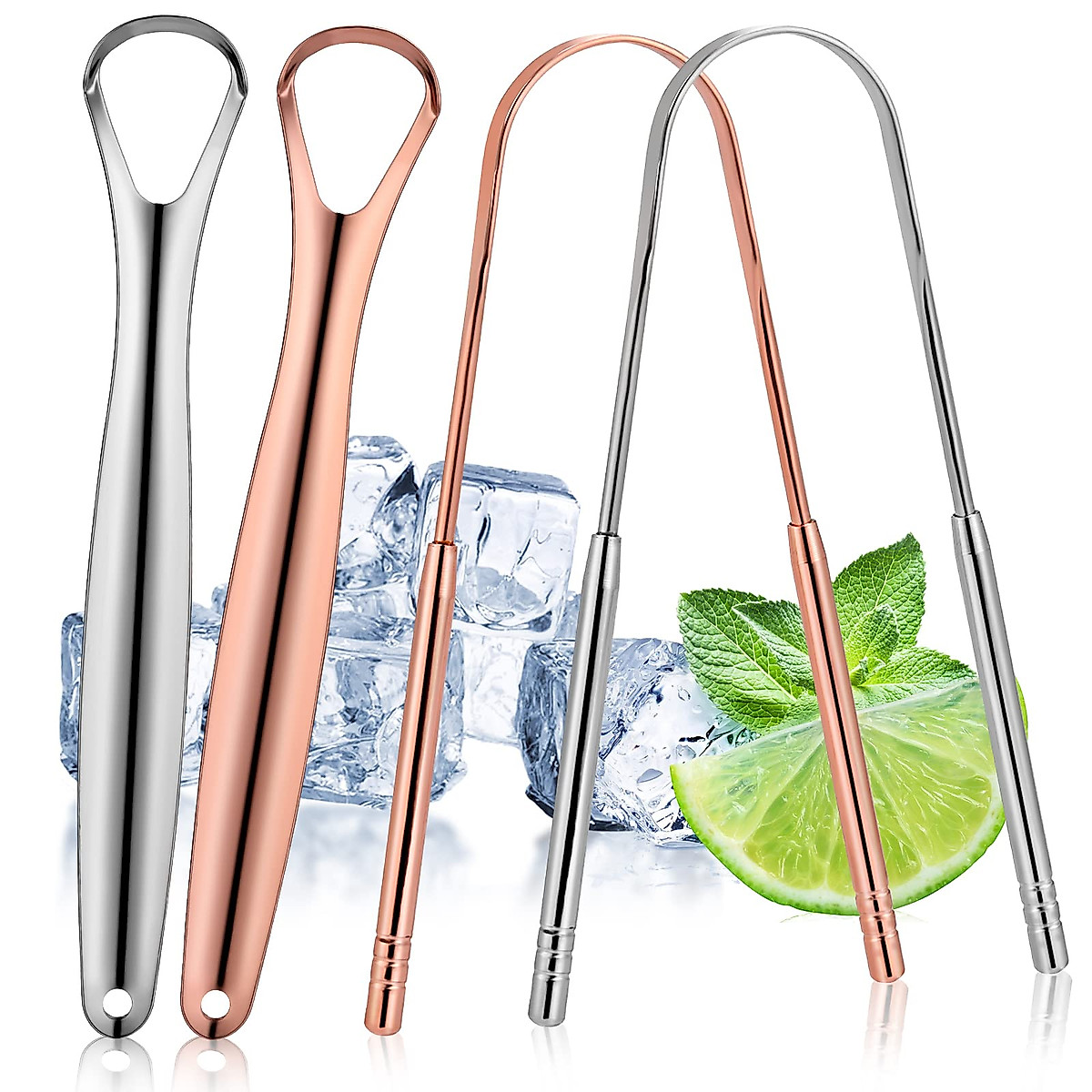 HLFLYG 4 Pack Tongue Scraper, Hygienic Seal-Pack, Professional Eliminate Bad Breath, Stainless Steel Tongue Scrapers, Effectively Improve Oral and Gut Health - Rose Gold & Silver