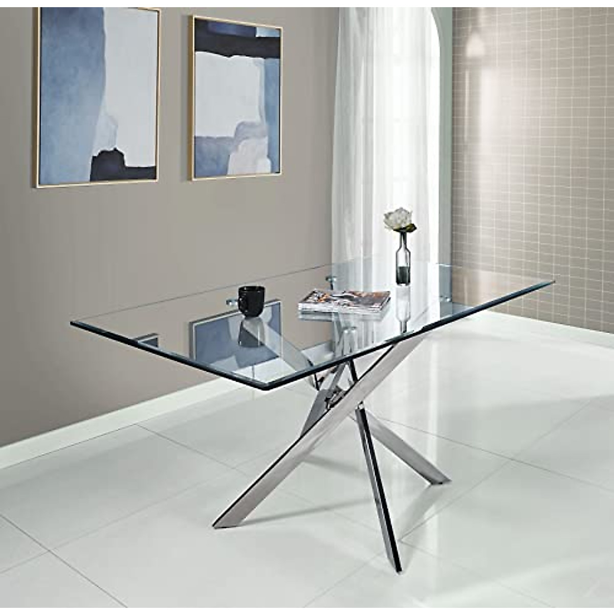 Yoluckea Modern Rectangular Glass Table Tempered Glass Dining Table with Stainless Steel Base Clear Beveled Edges Glass Kitchen Table for Home Kitchen Dining Room 51.20"W x 31.50"D x 29.50"H Silver