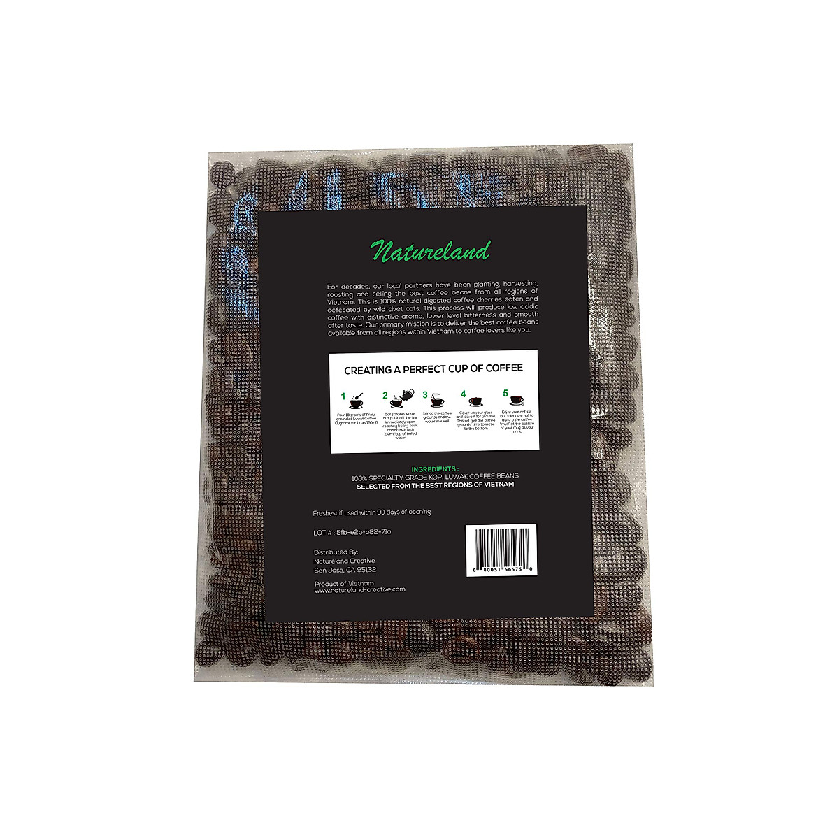 Natureland Wild Kopi Luwak Coffee Whole Beans, Freshly Made Wild Civet Arabica Coffee Bean, Dark Roast Kopi Luwak Coffee Gifts, Produce in best regions of Vietnam, 4oz /113 grams, Civet Coffee, Luxury Cat Poop Coffee.