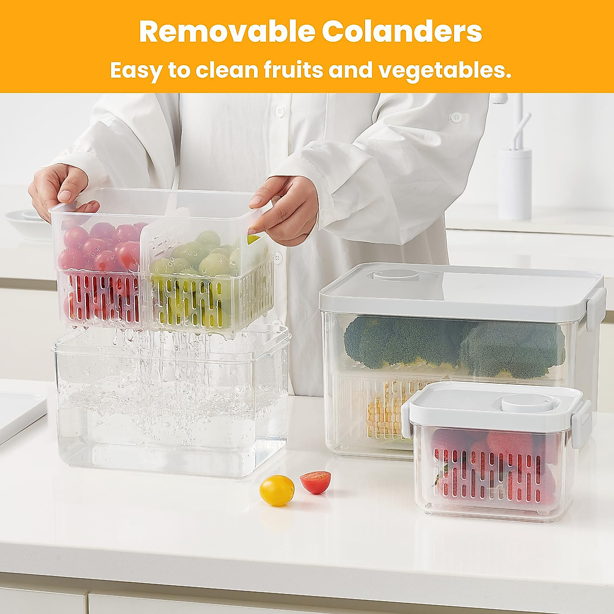 vacane Fruit Storage Containers for Fridge 3.8 Cup, Produce Containers with Colanders, Dishwasher Safe Berry Containers, BPA-Free Produce Storage Container, Keep berries Fresh