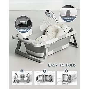 ieBabay Foldable Baby Bathtub Collapsible Bath tub for Newborn to Toddler with Soft Bath Cusion,Portable Travel Bathtub with Drain Hole,Easy to Store（Grey)