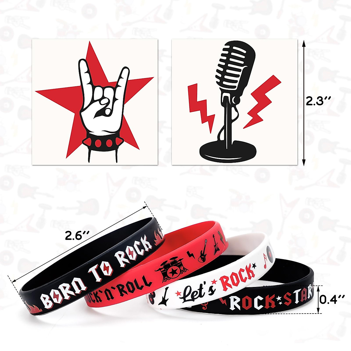 Sinasasspel 36PCS Rock And Roll Stickers Silicone Bracelet Party Favors Born to Rock Decorations Supplies Temporary Stickers For Face Arm Hand Let’s Rock Rubber Wristband 60s 80s Retro Rock Band