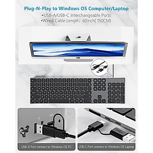 9H Aluminum USB Wired Keyboard with Numeric Keypad for PC Windows 10/8 / 7 / Vista/XP