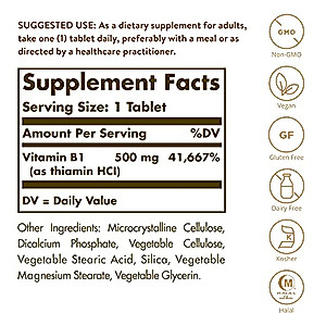 Solgar Vitamin B1 (Thiamin) 500 mg, 100 Tablets - Energy Metabolism, Healthy Nervous System, Overall Well-Being - Super Potency - Non-GMO, Vegan, Gluten/Dairy Free - 100 Servings