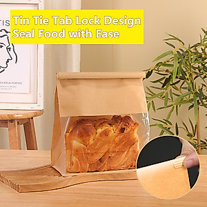 Heavy Duty Large Kraft Paper Bread Bags with Tin Tie Tab Lock 50pcs, Loaf Bag with Clear Front Window, Storage Packaging Treat Bag for Bakery Cafe Homemade Bread 10.6” × 4.3” × 8.7”