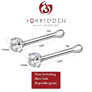 Forbidden Body Jewelry 22G Nose Rings Studs w/ 1.5mm Crystal - 2 Pcs 7mm Sterling Silver Nose Piercing Jewelry Set, l Shaped Nose Rings Women & Men - CZ Simulated Diamond, Small Nose Studs Women