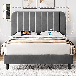 Yaheetech Full Bed Frame Velvet Upholstered Platform Bed with 2 USB Charging Stations/Ports for Type A&Type C, Seamlessly Connected Headboard/Noise-Free/Wood Slats Support, Dark Gray Full Bed