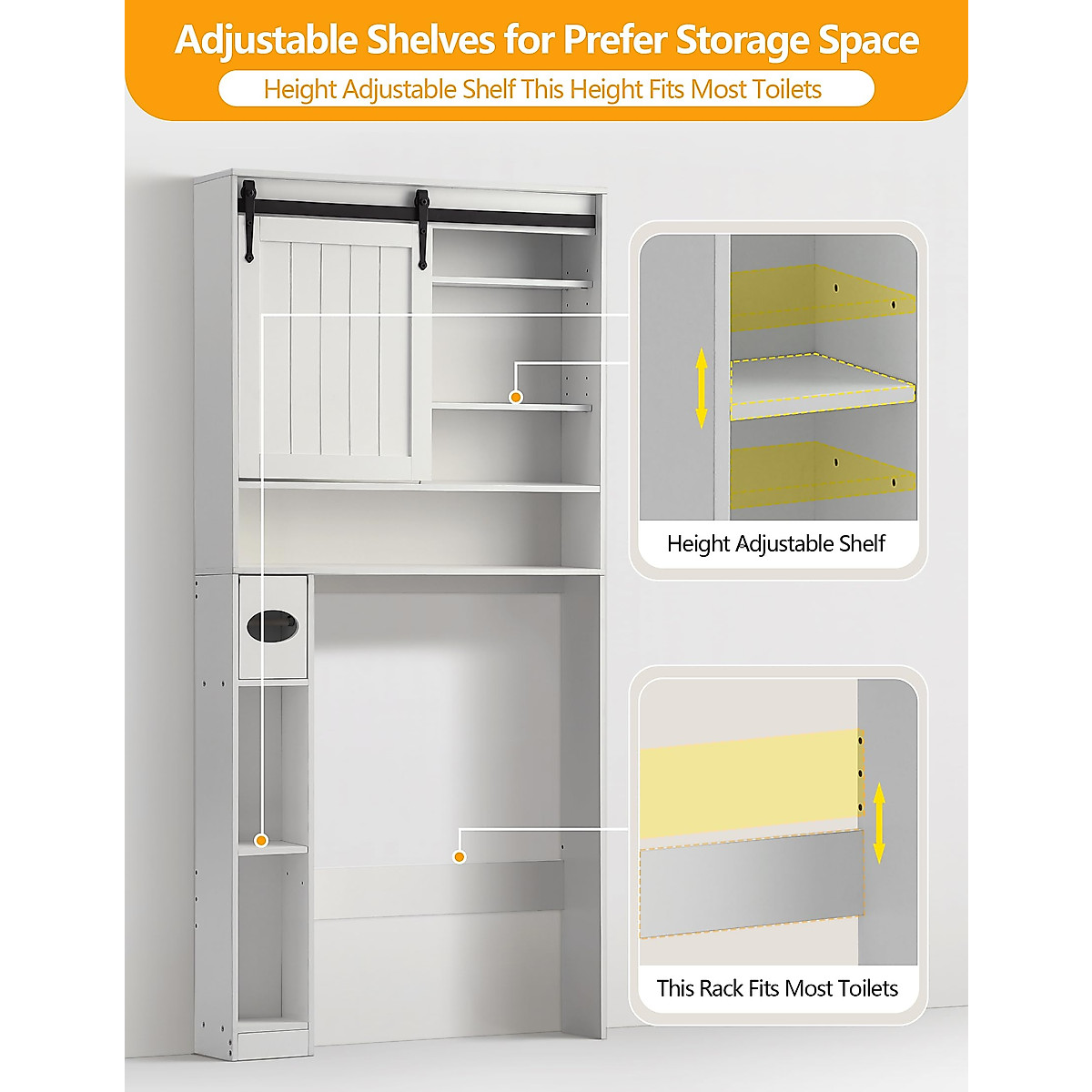 LOUVIXA Over The Toilet Storage Cabinet, Over Toilet Bathroom Organizer with Sliding Barn Door and Adjustable Shelf, Home Space Save Toilet Rack for Bathroom, Laundry (Farmhose White, 1 Barn Door)