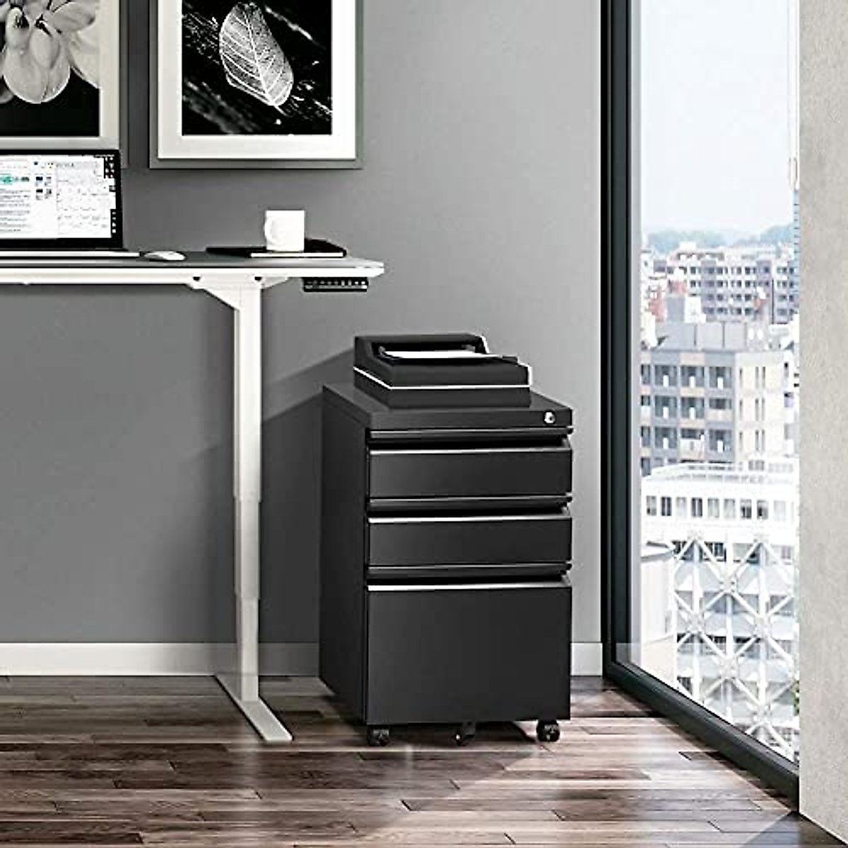 Black File Cabinet, 3 Drawer Mobile File Cabinet with Lock and Wheels, Under Desk Metal Filing Cabinet for Office，Lockable Rolling Cabinet with 2 Keys for Legal/Letter/A4 Size, Fully Assembled （A）