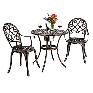 KUJYBG European Style Cast Aluminum Outdoor 3 Piece Patio Bistro Set of Table and Chairs with Ice Bucket Bronze Outdoor Furniture Set