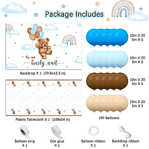 Teddy Bear Baby Shower Decorations for Boy Boho Tablecloth Backdrop Balloons Arch Set We Can Bearly Wait Brown Blue Theme Party Decor Supplies