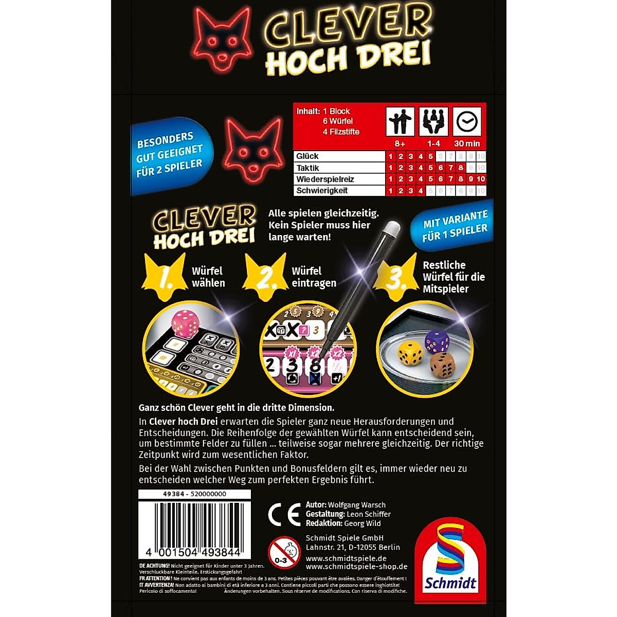 Schmidt Spiele 49384 Clever hoch DREI, dice Game from The Series Klein & Fein