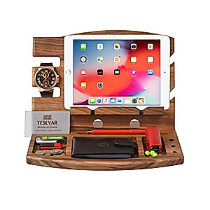 TESLYAR Natural Walnut Wood Phone Docking Station Phone Key Holder Wallet Stand Watch Organizer Men Husband Wife Anniversary Dad Birthday Nightstand Purse Father Graduation