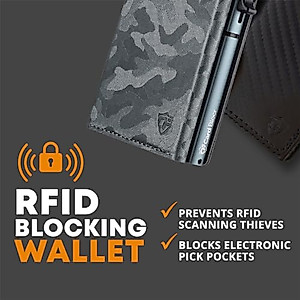 Conceal Plus Slide Up Wallet for Men, Secure Scan Proof Wallet with Pop Up Card Wallet Once Click Acess - Makes a Great Gift or Travel Wallet (Gray PU Camo & Titanium Metal)