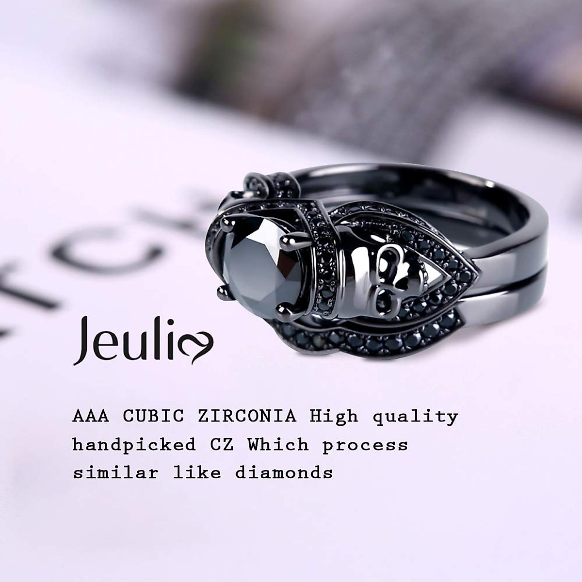 Jeulia 3.6 Carat Black Tone Skull Rings for Women Men Sterling Silver Round Cut Engagement Rings Bridal Sets Wedding Rings Cubic Zirconia Promise Engagement Anniversary with Jewelry Box (9.5)