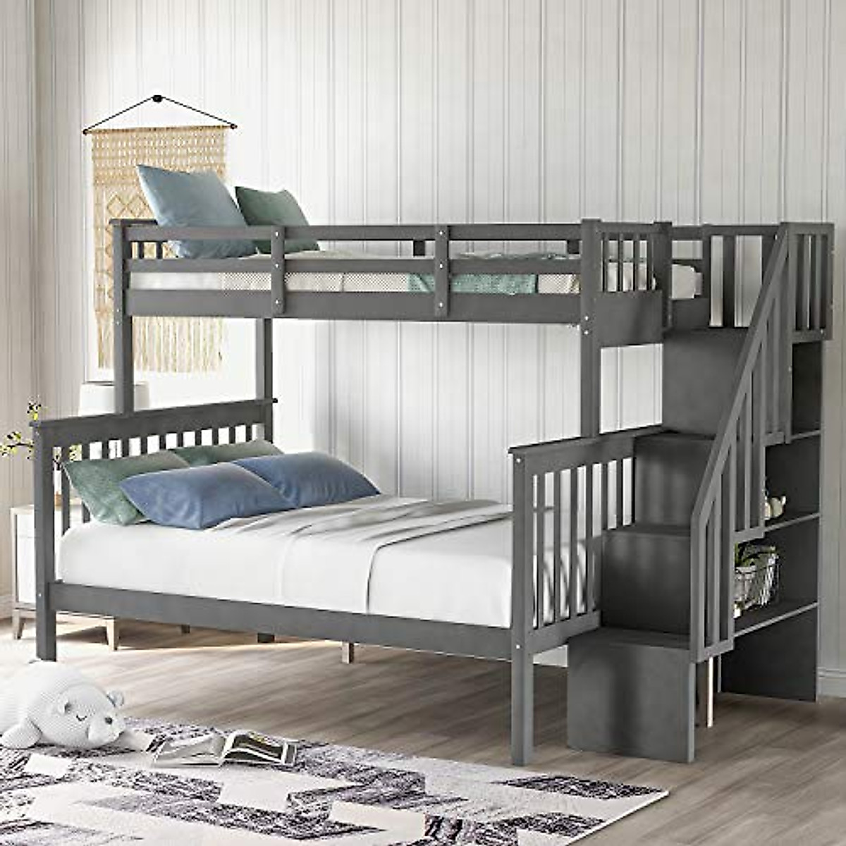 TARTOP Twin Over Full Bunk Bed with Trundle, Solid Wood Bunk Bed Frame with Stairway, Storage & Guard Rail for Bedroom Dorm (Twin/Full with Trundle,Gray