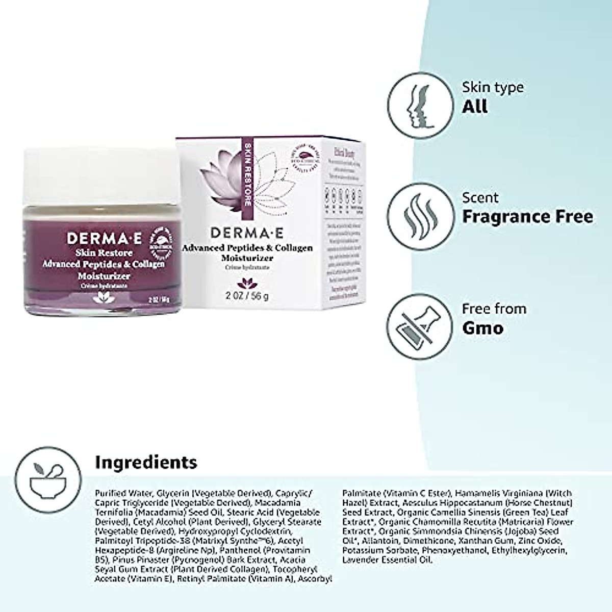 DERMA E Advanced Peptides and Collagen Moisturizer – Double Action Collagen Face Cream with Peptide Complex – Intense Moisture Day and Night Cream for Women – Natural Collagen Cream, 2oz