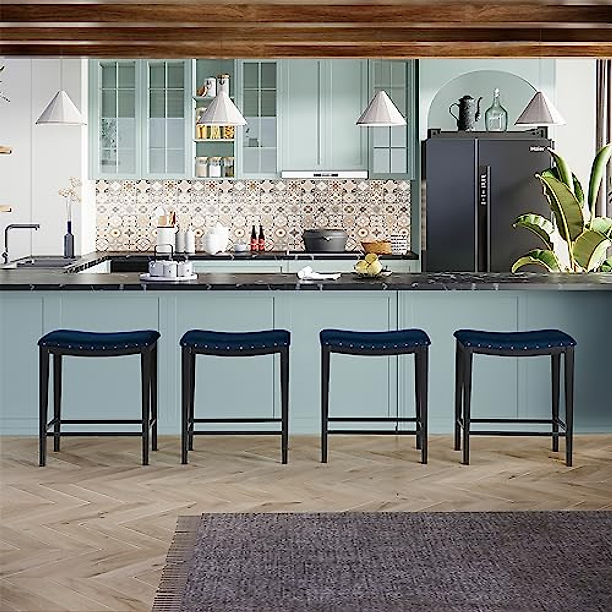 KATDANS Blue Bar Stools Set of 2 Counter Height 24 Inches Backless Barstools for Kitchen Counter Modern Saddle Stools Velvet Nailhead Upholstered Stools, KS718PBL, 2Pcs