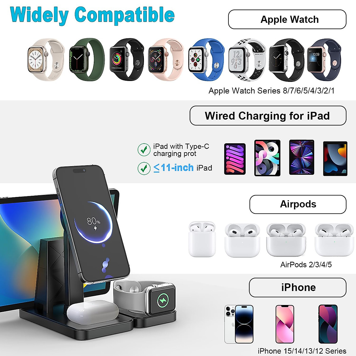 4 in 1 Wireless Charging Station for Apple Multiple Devices, Magnetic Fast Mag-Safe Multi Charger Stand for Apple Products iPhone 15 14 13 12 Series, Watch 8 7 6 5 4 3 2 1 AirPods 2 3 4 5