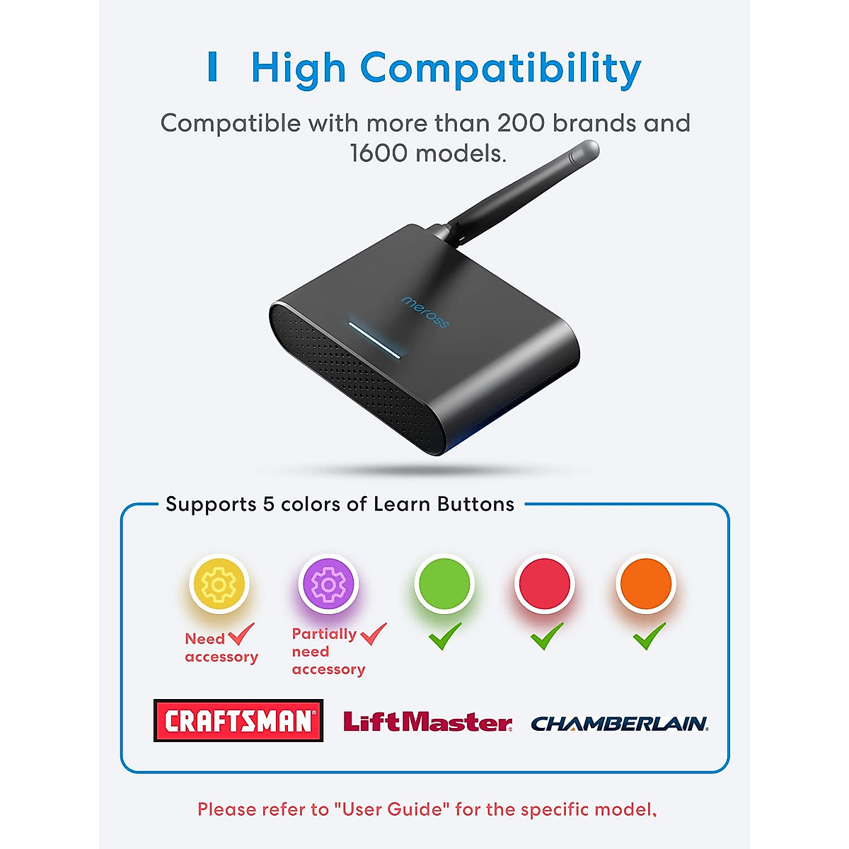 meross Smart Garage Door Opener Remote with External Antenna, Up to 3 Single Doors, APP Control, Compatible with Amazon Alexa, Google Assistant, SmartThings