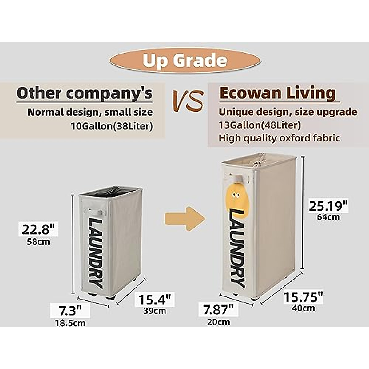 ECOWAN LIVING 48L Slim Laundry Basket with Wheels, Rolling Foldable Laundry Hamper, Narrow Corner Dirty Clothes Hamper, Collapsible Laundry Bin, Thin, Tall, Waterproof (Beige)