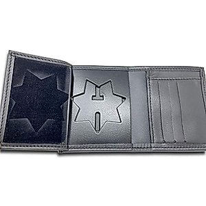 7 Point Star Recessed Badge Bifold WALLET, Genuine Leather Badge 2.87 x 2.85 & ID Holder 2.5 x 4 Credit Card WALLET