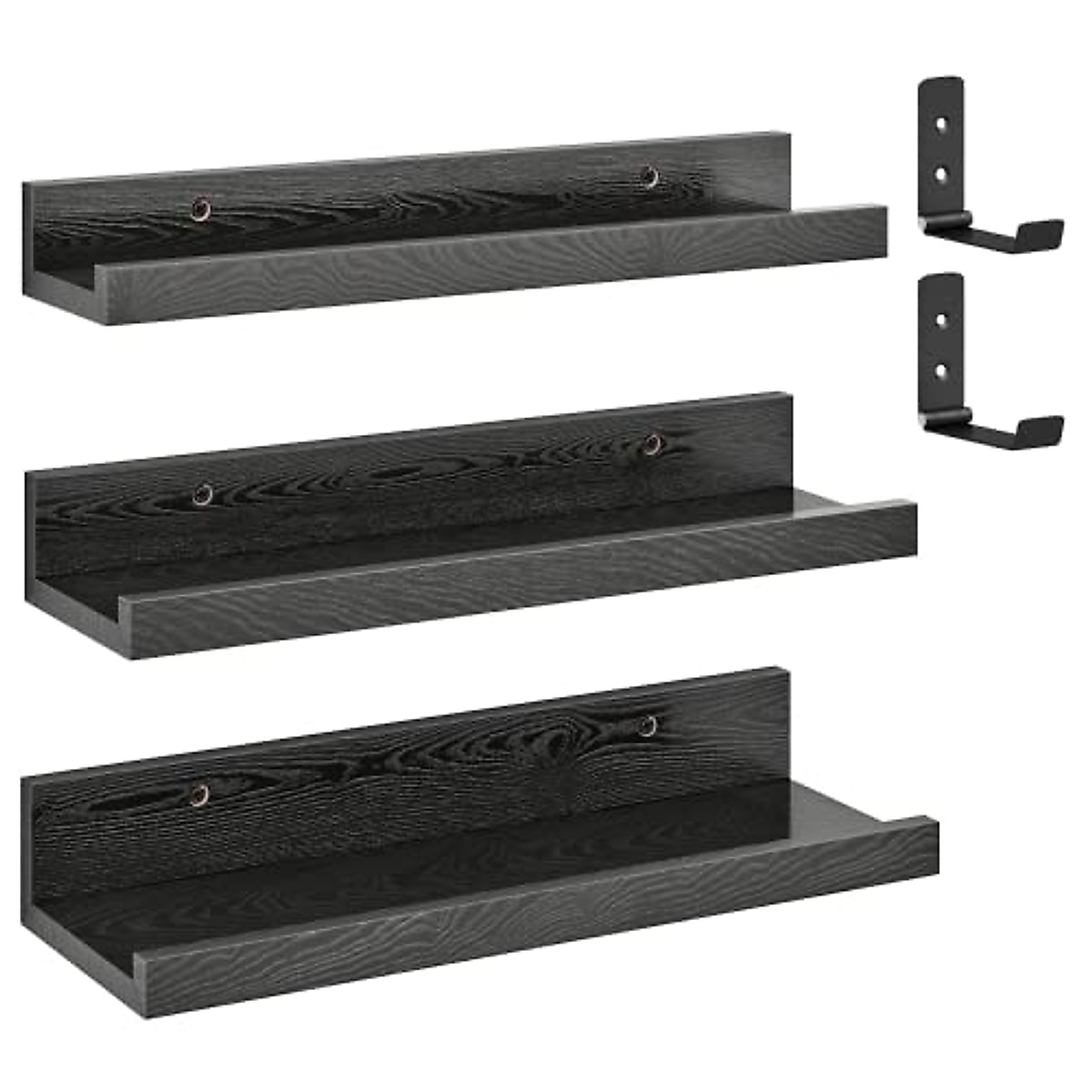 16 Inch Black Floating Shelves - Set of 3 Photo Ledge Wall Mounted Shelves with Invisible Brackets - Floating Shelves Black for Bedroom, Living Room, Bathroom, Kitchen, Office - 3 Different Sizes