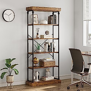 IDEALHOUSE Industrial Bookshelf Wood Bookcase 6 Tier Storage Open Rack Shelf Metal Frame Rustic Tall Standing Bookshelves Large Vintage Display Rack for Bedroom,Living Room and Home Office
