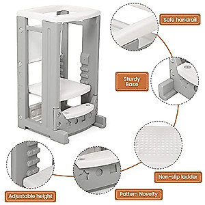 Toddler Tower Children Step Stool with 4 Adjustable Heights, Kitchen Helper Stool with Safety Rail, Learning Tower for Toddlers Kids with Whiteboard, Toddler Step Stool Helper, 1-6 Year Old Boy Girl