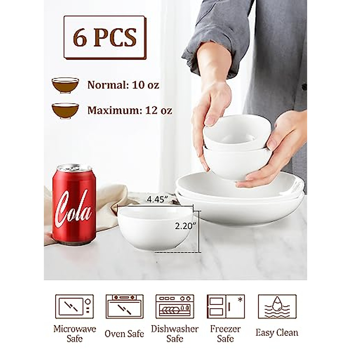 Yedio Small Bowls Set, White Ceramic Bowls of 6, 10 oz Porcelain Bowl for Kitchen Dessert Rice Side Dish Snack Soup Fruits Cereal Ice Cream, Microwave Dishwasher Freezer Oven Safe Easy Clean Stackable