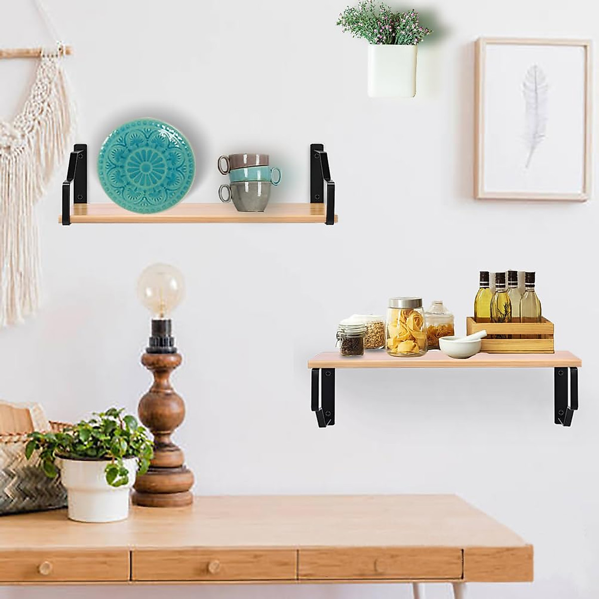 DEMSFIA Floating Shelves for Wall, Small Wood Wall Mounted Bookshelf Set of 2 for Living Room, Office, Bedroom, Kitchen, Bathroom Storage, Solid Pin Wood 17.3" x 7.4"