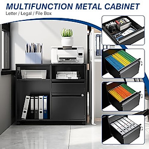 Fesbos Metal File Cabinet with Shelves & 2 Lockable Drawers - Home Office Black Lockable Lateral Filing Cabinet for Hanging Files Letter/Legal/F4/A4 Size - Assembly Required