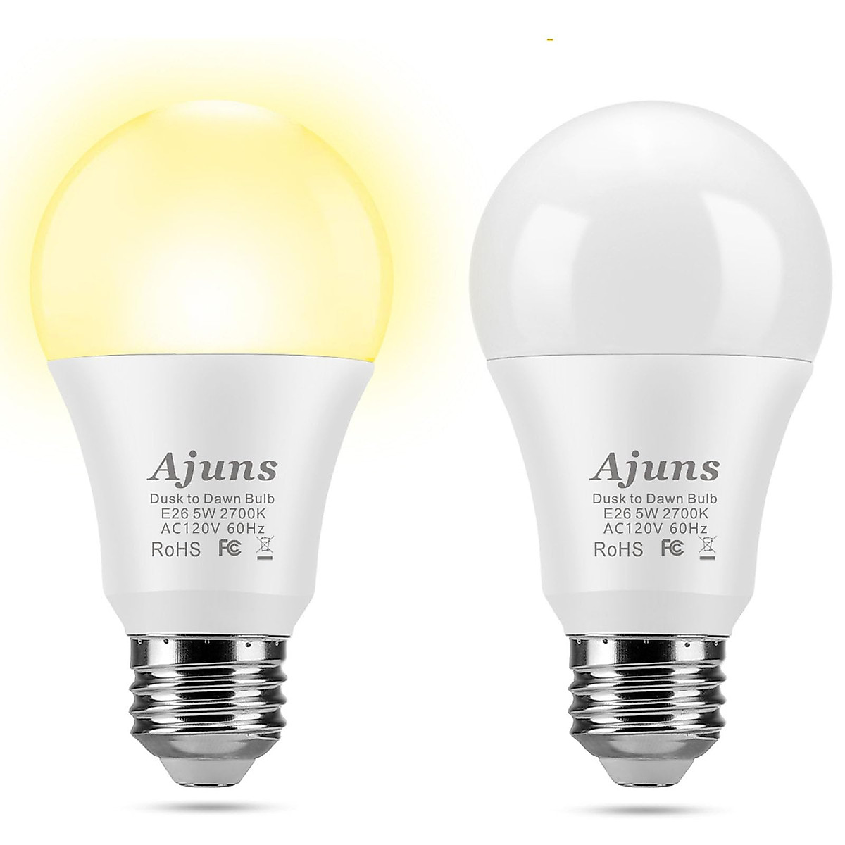 Ajuns Dusk to Dawn LED Light Bulb, Sensor Light Bulb 5W E26 Automatic On/Off Light, Porch Garage Courtyard Balcony Lighting Bulb 2700K Warm White 2Packs