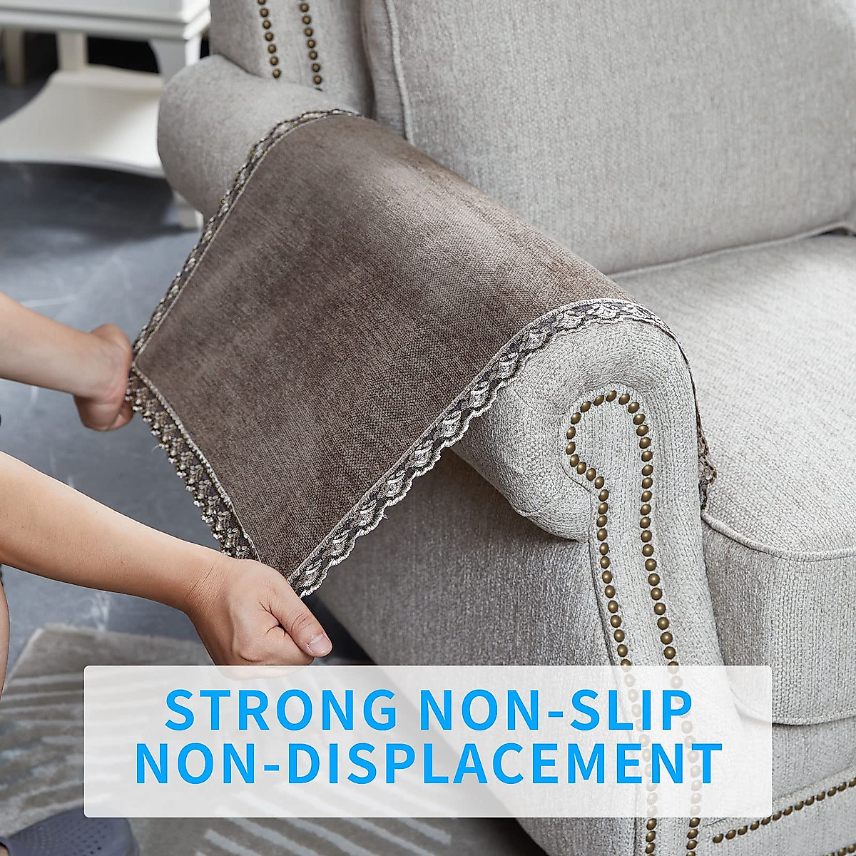 MINJIATEX Couch arm Covers,Non-Slip lace Sofa arm Covers Set of 2 Washable Sofa armrests Covers for Living Room Recliner Chair arm Covers Protectors for Leather Sofa armrest slipcover (HZW-Brown)